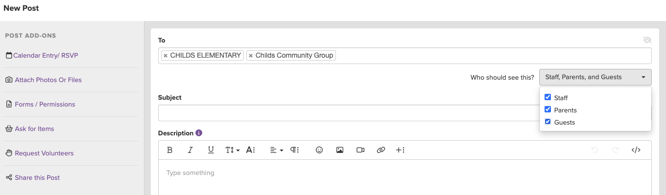 Adding community groups & guests to ParentSquare post – Monroe County Community School